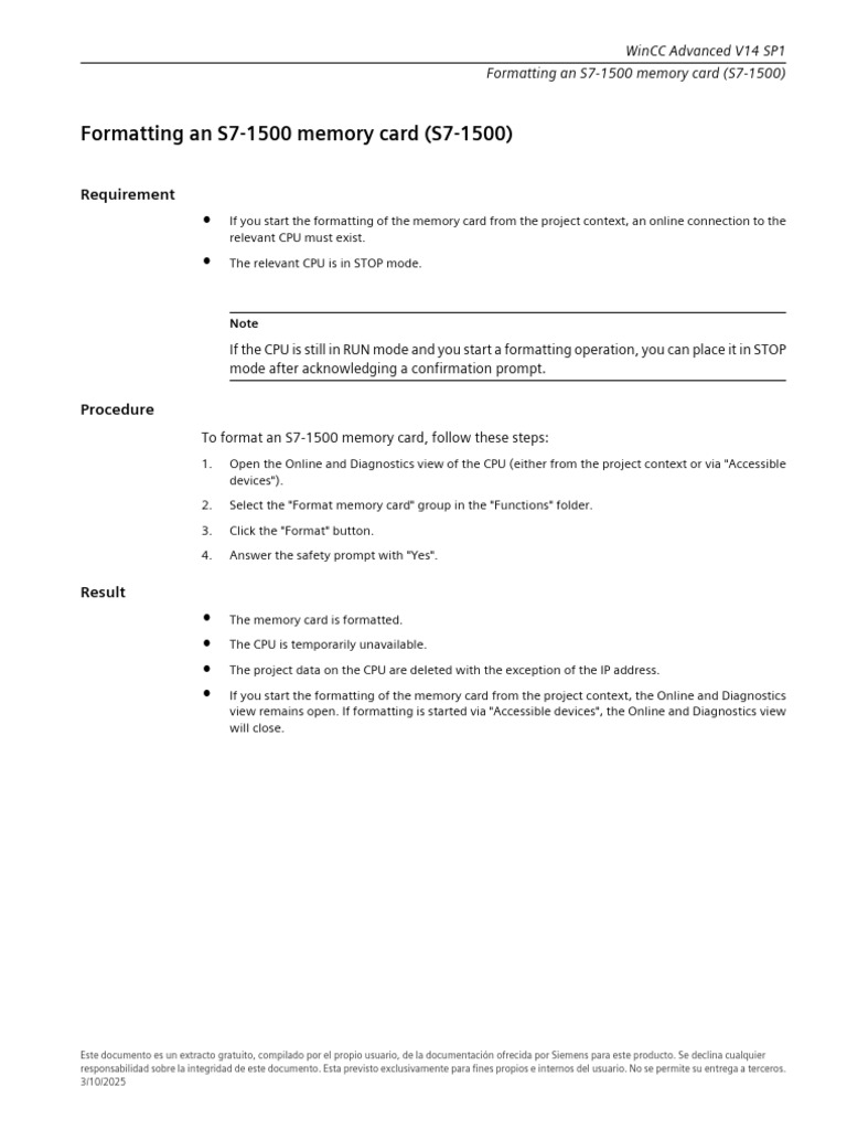 Formatting An S7-1500 Memory Card (S7-1500) | PDF