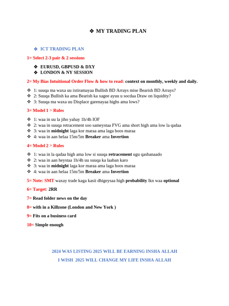 MY TRADING PLAN 2025 | PDF