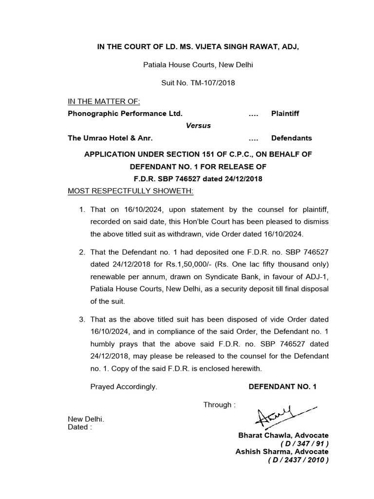 Application To Release FDR | PDF