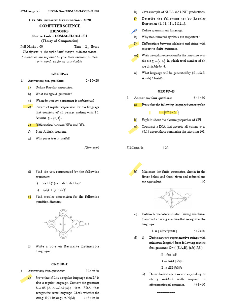 Theory of Computation PYQ 2020 | PDF