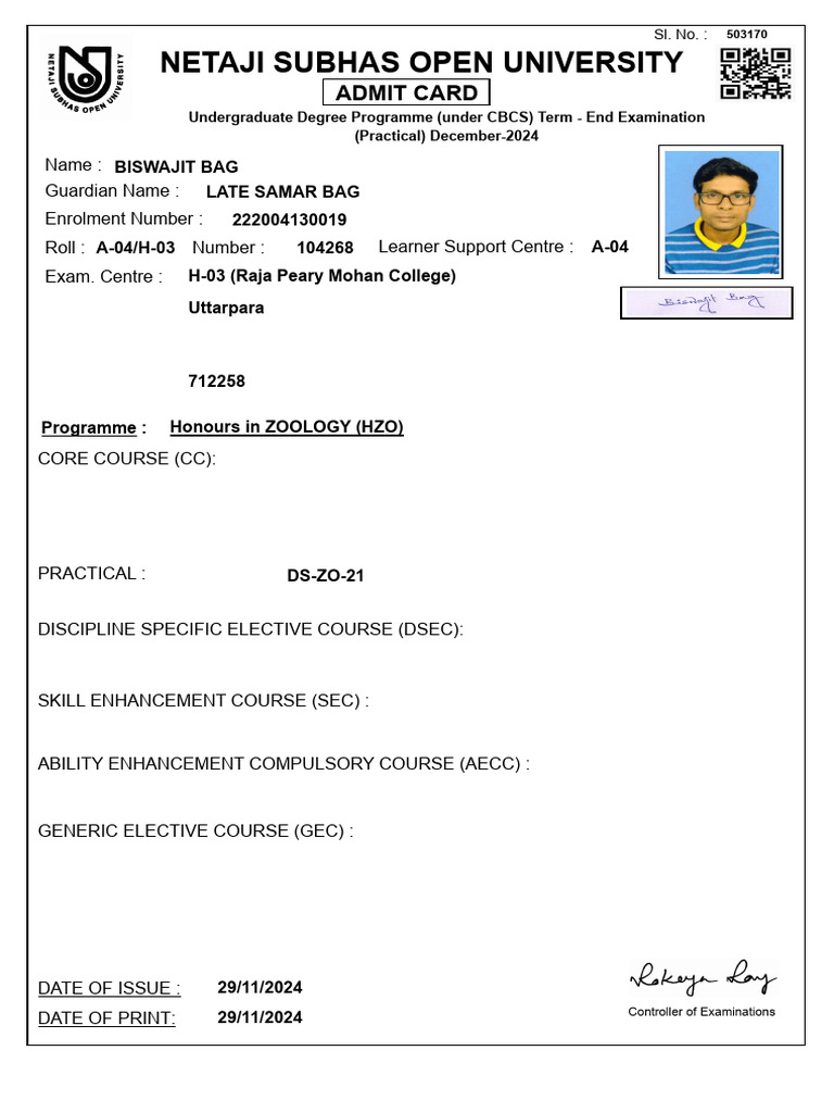 NSOU Admit Card for Zoology Exam | PDF