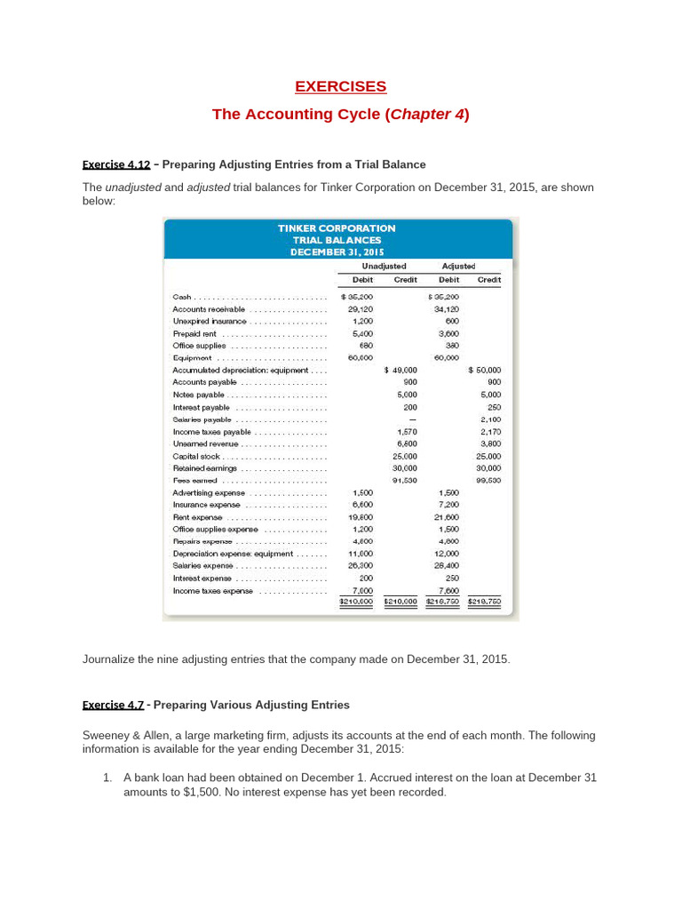 Adjusting Entries for Accounting Cycle Exercises | PDF | Expense | Interest