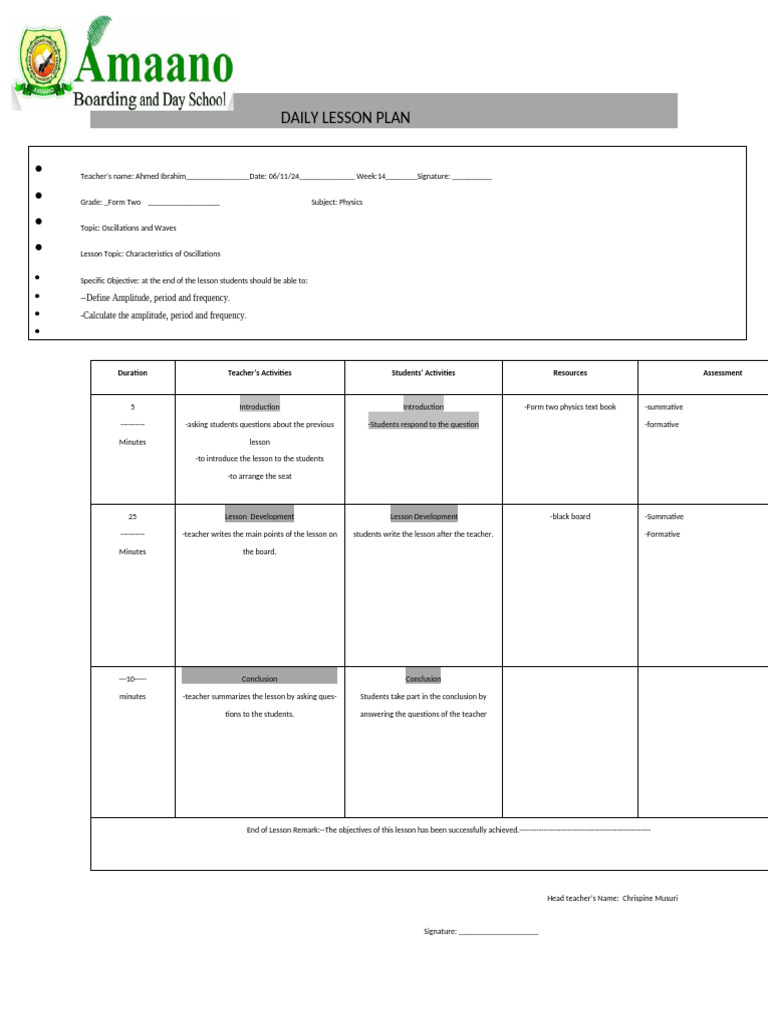 DAILY LESSON PLAN Form Two B Week 13 Day 3 | PDF | Oscillation | Waves