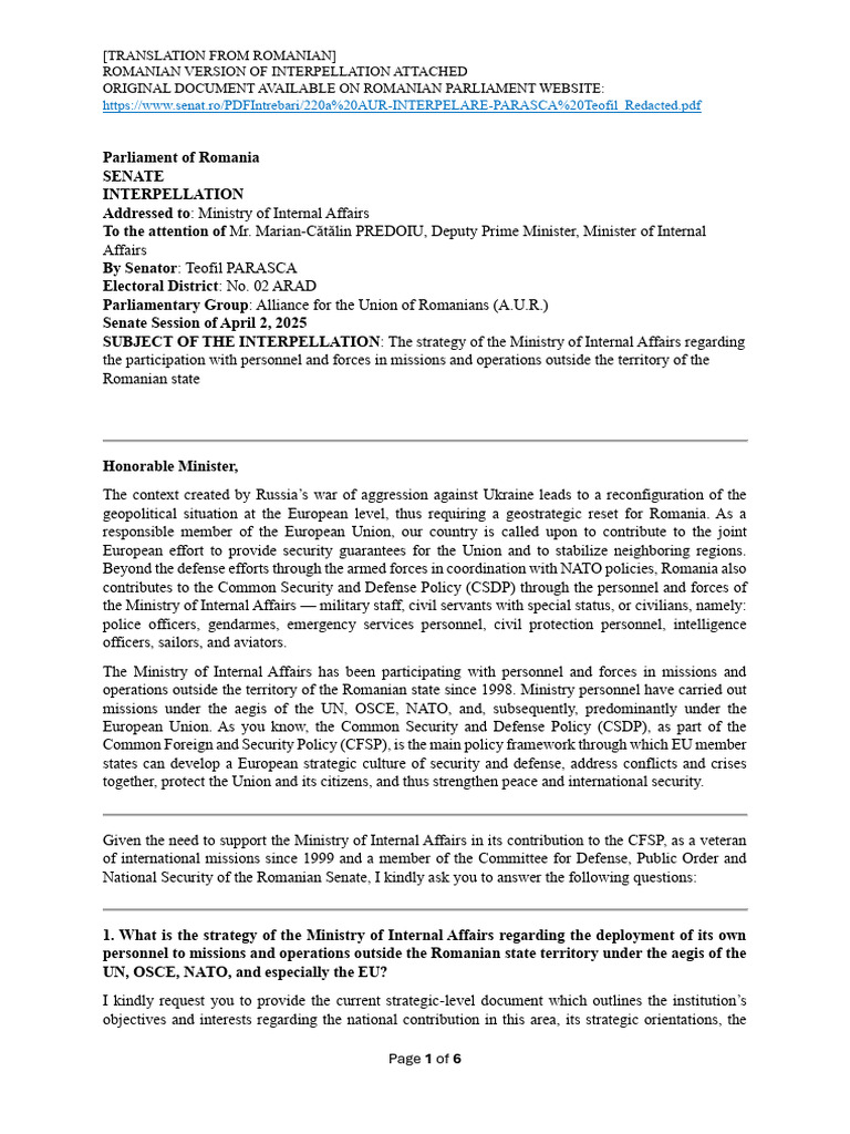 Romania CSDP Civilian Compact Contribution - Senate Inquiry Apr 2025 | PDF | European Union ...