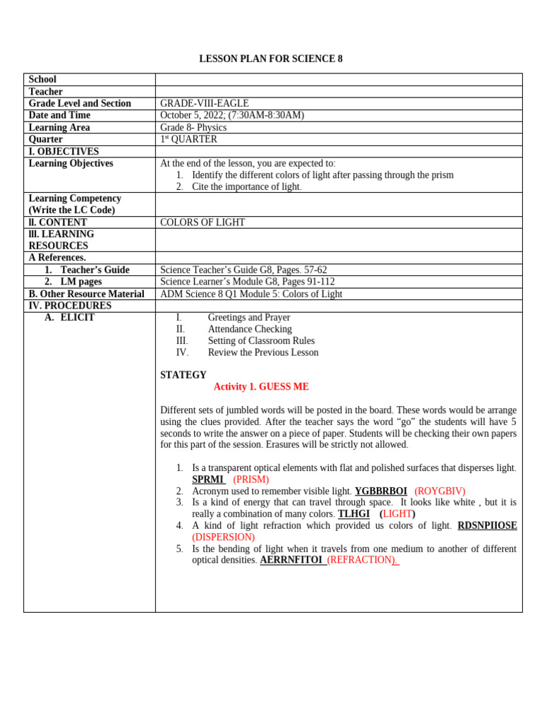 Grade 8 Physics: Colors of Light Lesson Plan | PDF | Rainbow ...