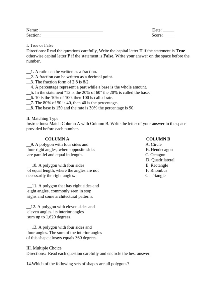 Math Quiz: True/False & Multiple Choice | PDF | Shape | Elementary Geometry