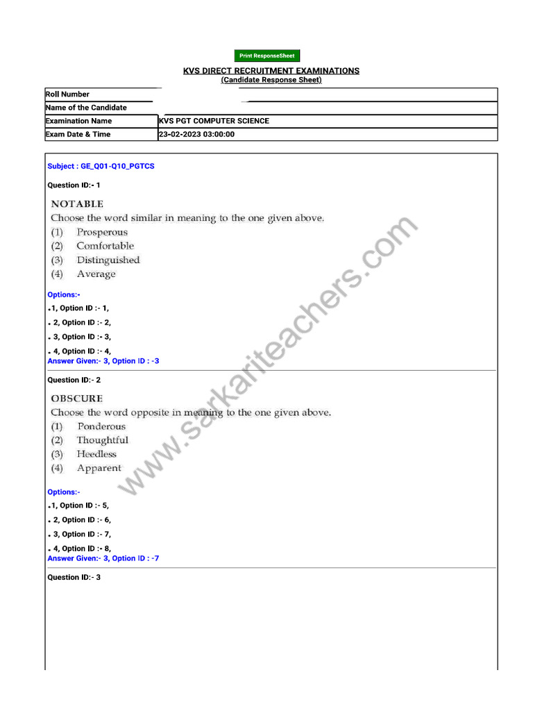 Kvs Computer Sci Gen Paper. | PDF