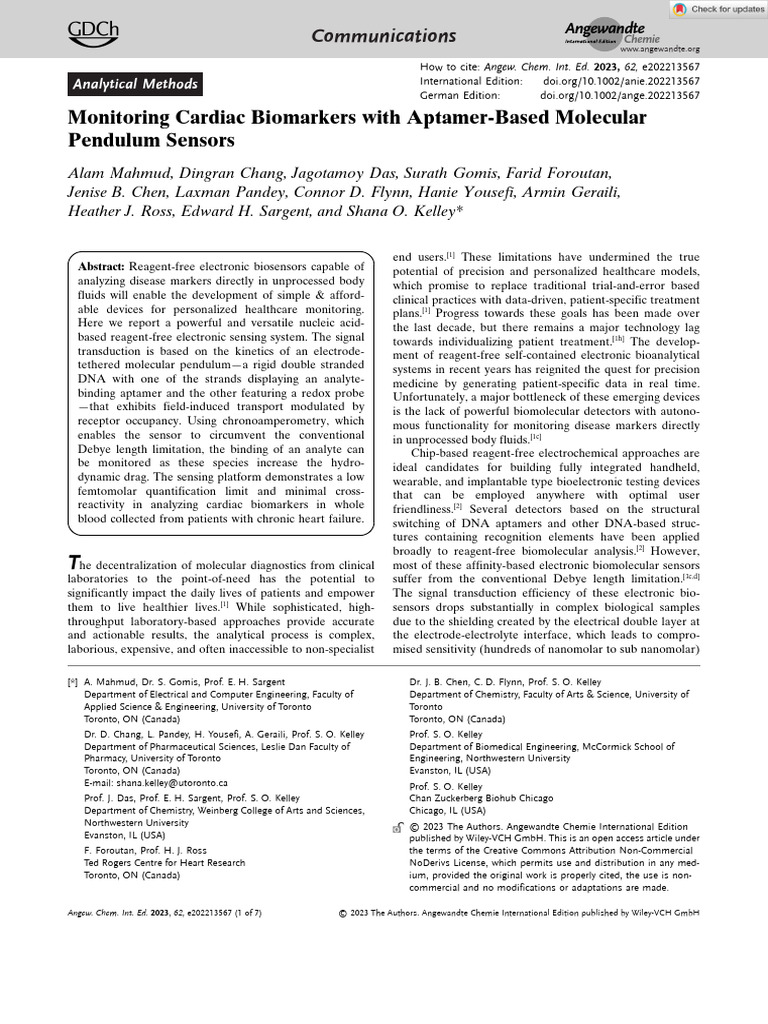 Monitoring Cardiac Biomarkers with Aptamer-Based Molecular Pendulum ...