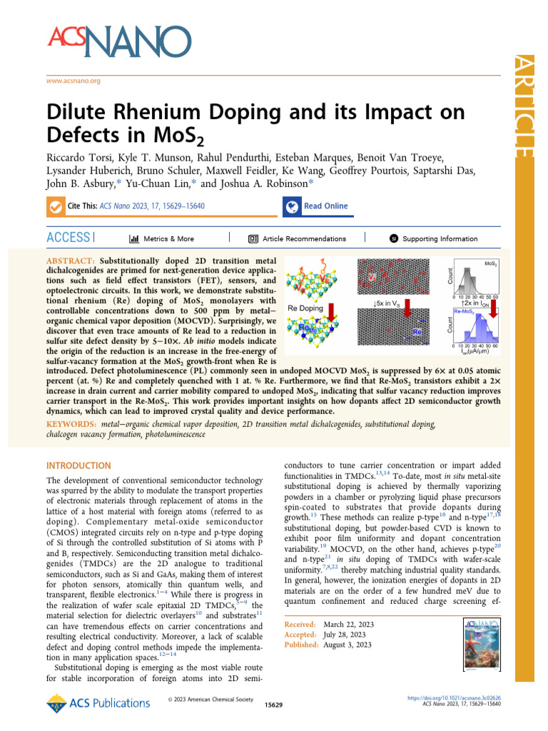 Dilute Rhenium Doping and Its Impact On Defects in MoS2 | PDF | Doping (Semiconductor ...