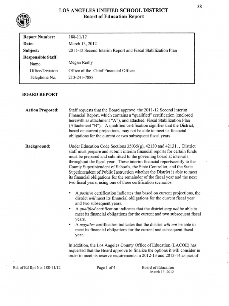 LAUSD 2011-12 Financial Report Summary | PDF | Finance & Money Management