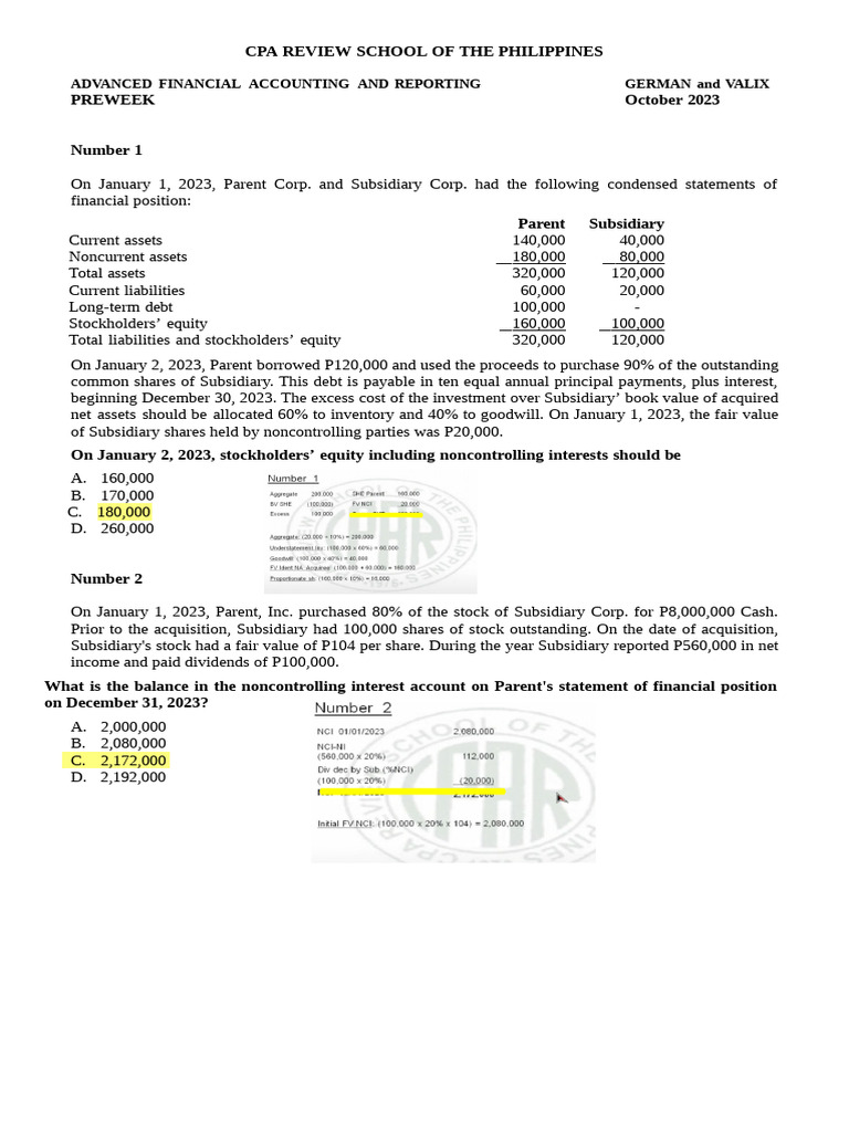 CPAR Batch 94 AFAR Preweek Lectures With Answers 1 PDF | PDF | Balance Sheet | Equity (Finance)