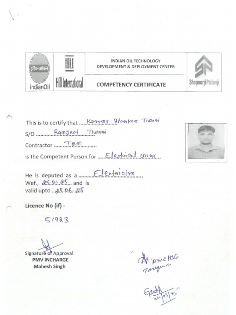 Competency Certificate of Karuna Shankar Tiwari | PDF