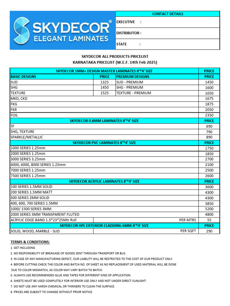 Skydecor Laminates Price List 2025 | PDF | Lamination | Building Materials