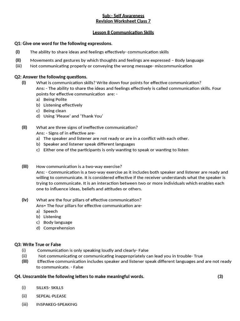 Revision worksheet class 7 lasson 8 | PDF | Communication | Body Language