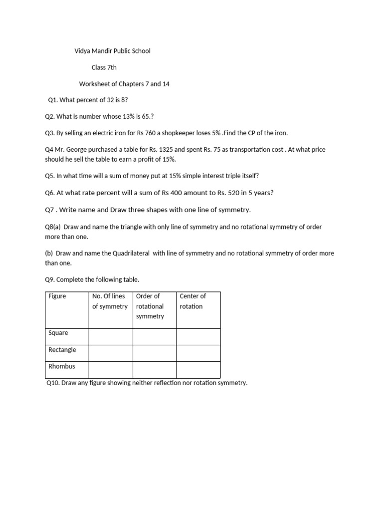 Class 7 Math Worksheet: Chapters 7 & 14 | PDF