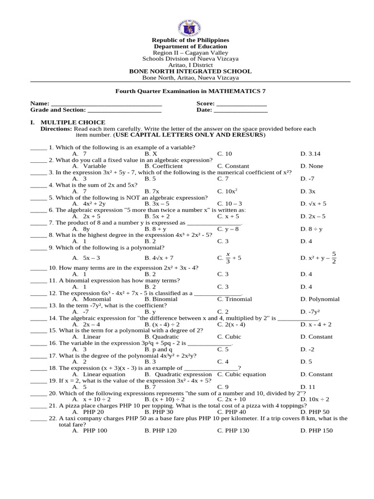 MATHEMATICS 7 Fourth Quarter Examination | PDF | Polynomial | Mathematics Of Computing