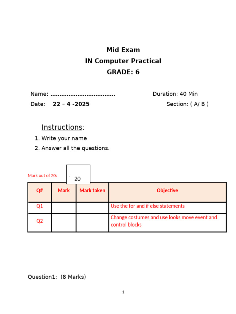 Mid Term Grade 6 Practical | PDF