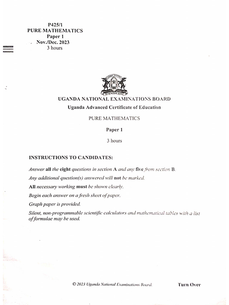 Uace Uneb Pure Math 2023 | PDF