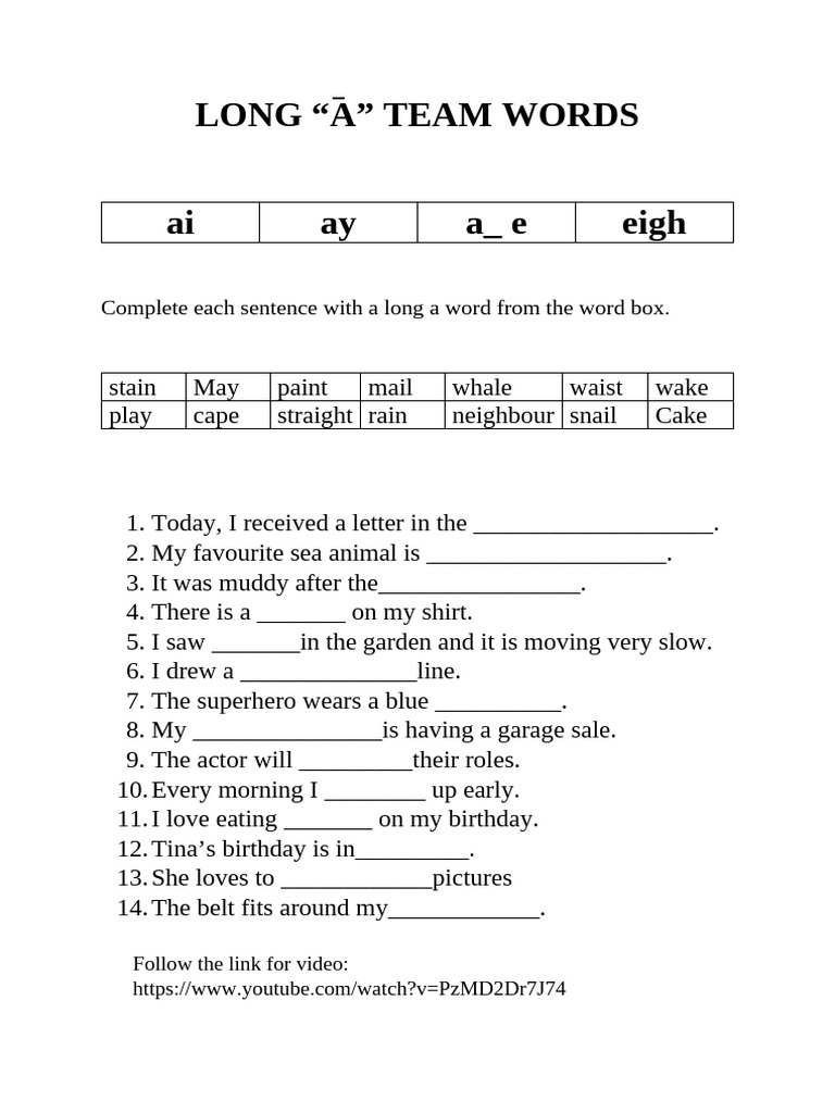Long "A" Words Practice Worksheet | PDF