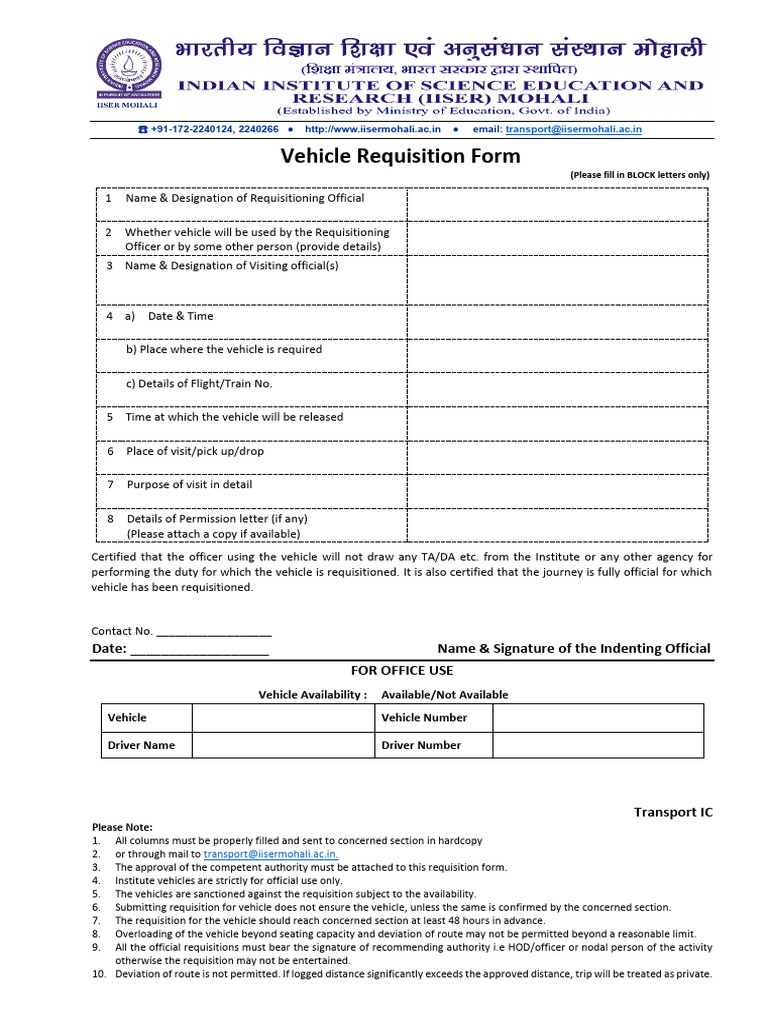 Vehicle Requisition Form | PDF | Transport