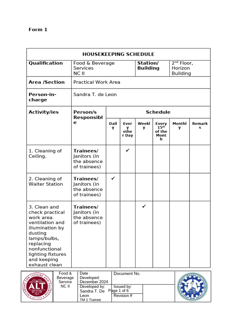 Form 1 Housekeeping Schedule - 2024 - INITIAL | PDF | Home