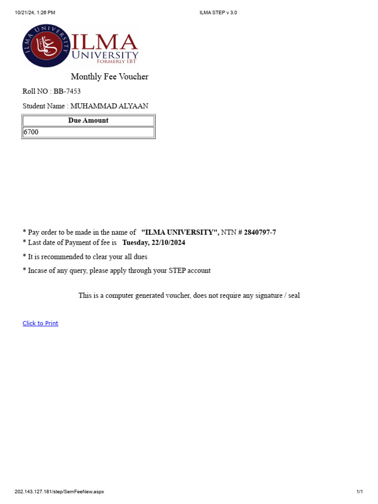 Ilma University Monthly Fee Voucher | PDF