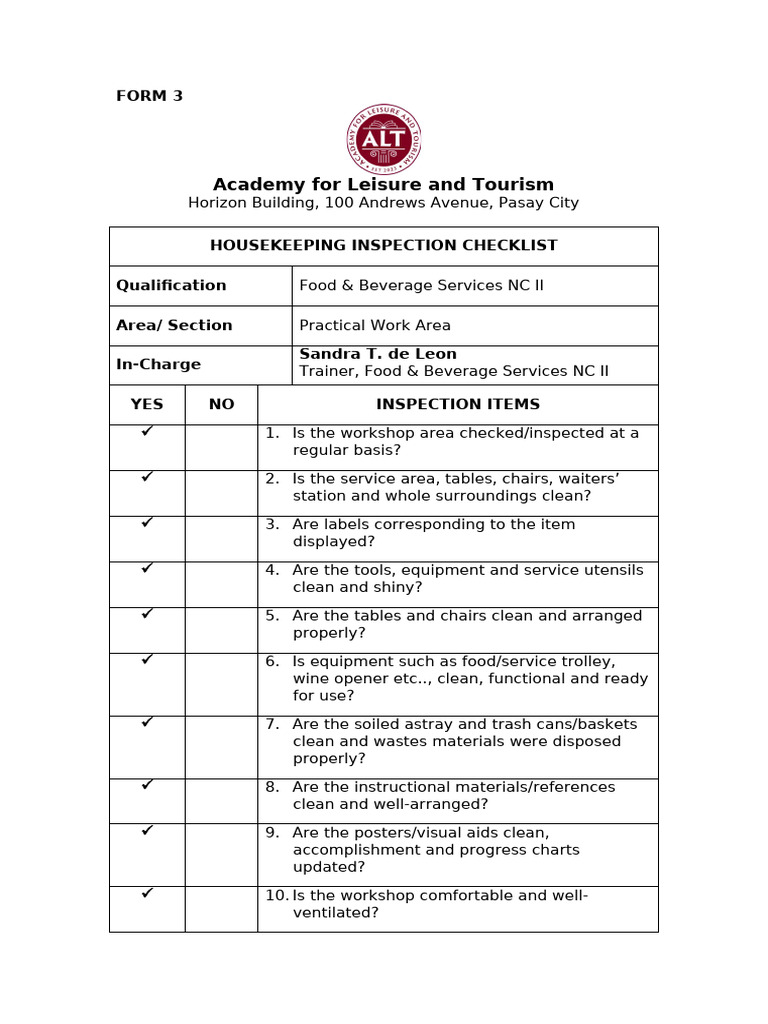 Form 3 Housekeeping Checklist | PDF