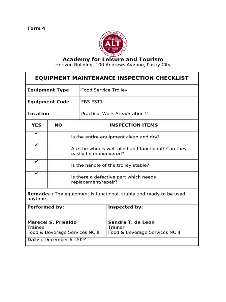 Form 4 Equipment Maintenance Inspection Checklist_2024_INITIAL | PDF