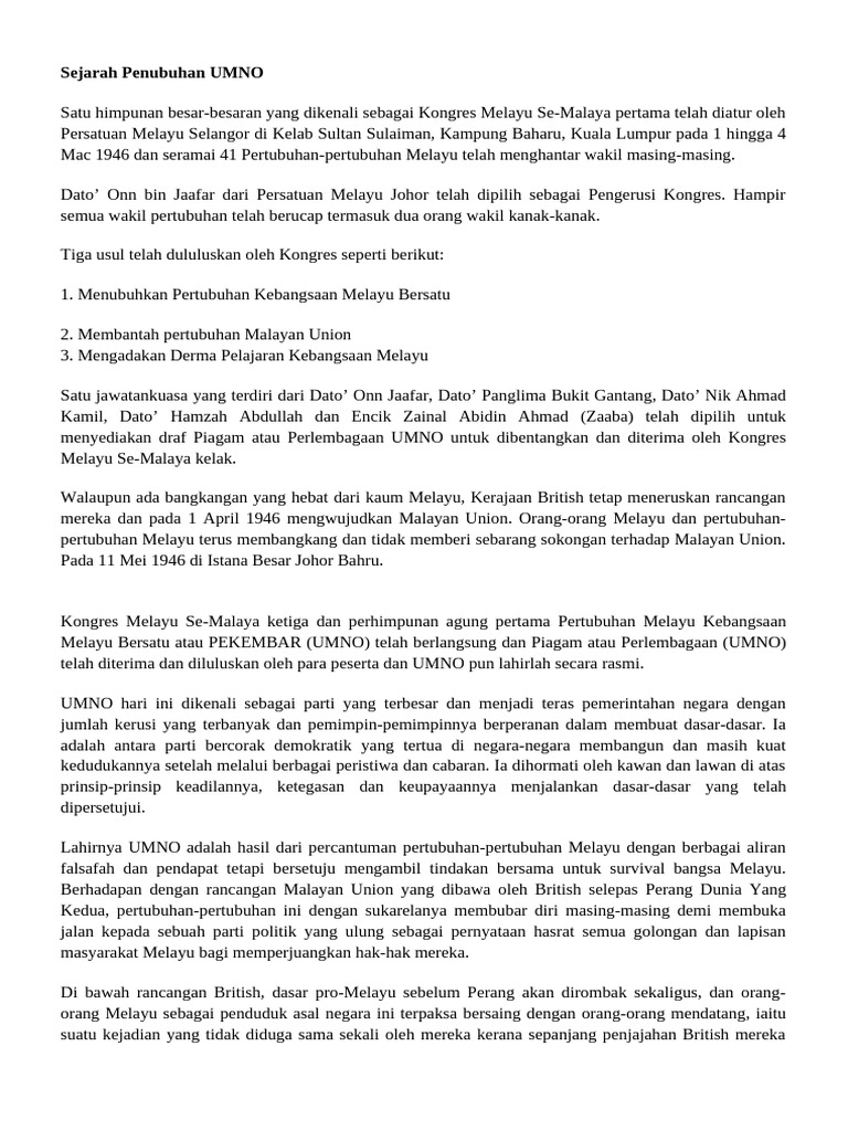 Sejarah Penubuhan UMNO 1946 | PDF
