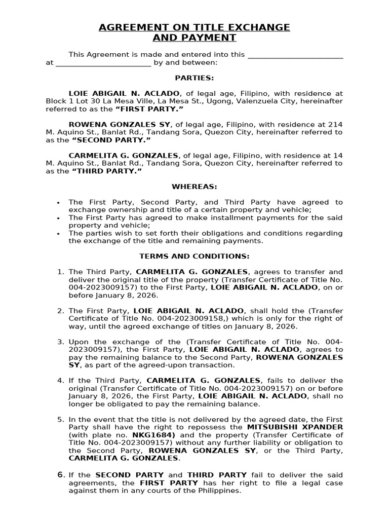 Agreement On Title Exchange and Payment | PDF | Government | Justice
