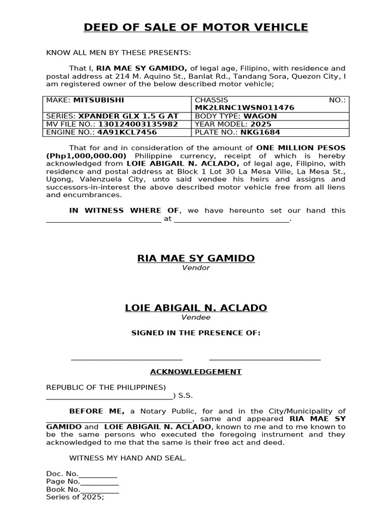 Open Deed of Sale For Xpander GLX 1.5 G at | PDF