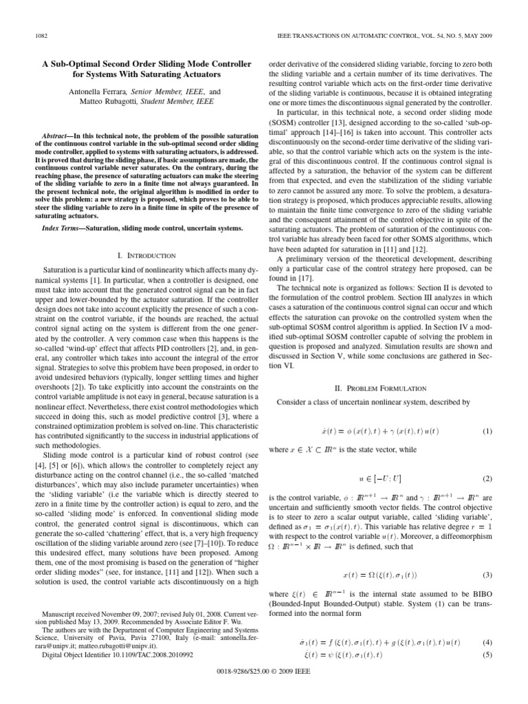 A Sub-Optimal Second Order Sliding Mode Controller For Systems With Saturating Actuators | PDF ...