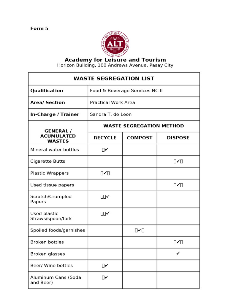 Form 5 Waste Segregation List - 2024 - INITIAL | PDF