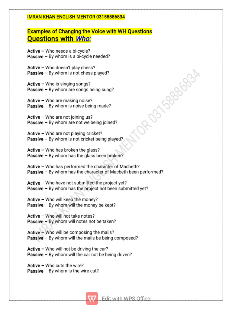 Active Passive of WH Questions | PDF | Grammar | Syntax