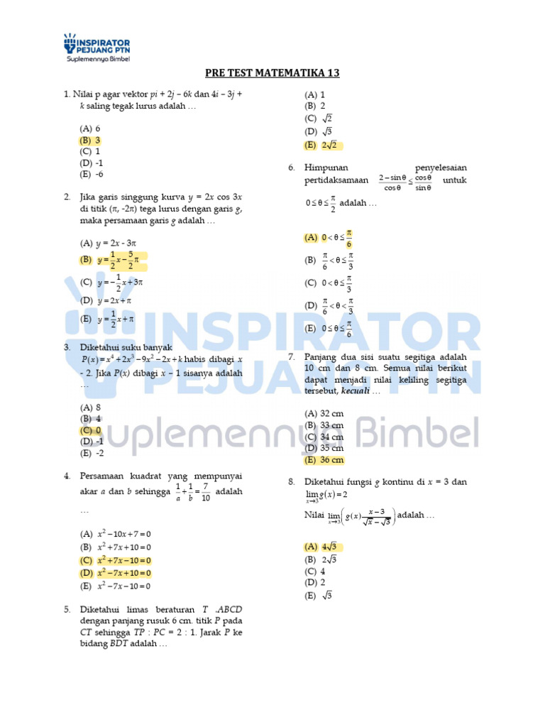 PRE TEST MATEMATIKA12 | PDF