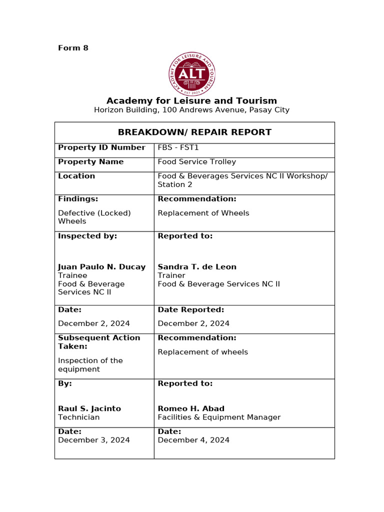 Form 8 Breakdown Repair Report - 2024 - INITIAL | PDF