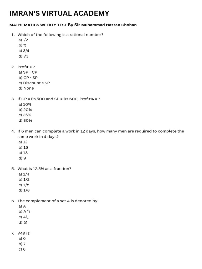 Mathematics Weekly Test Questions | PDF | Mathematical Objects | Arithmetic