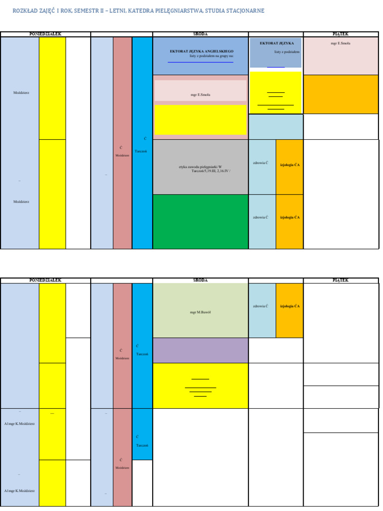 Rozklad Zajec Rok I Semestr Letni 1 | PDF
