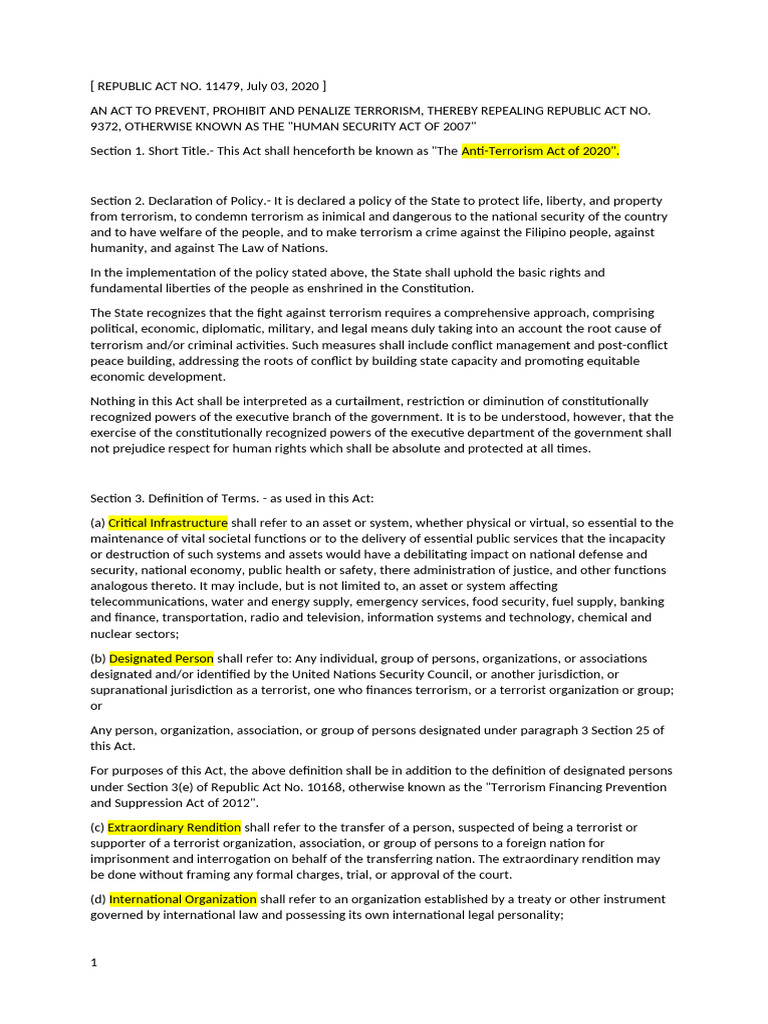 REPUBLIC ACT NO. 11479 | PDF | Detention (Imprisonment) | Arrest