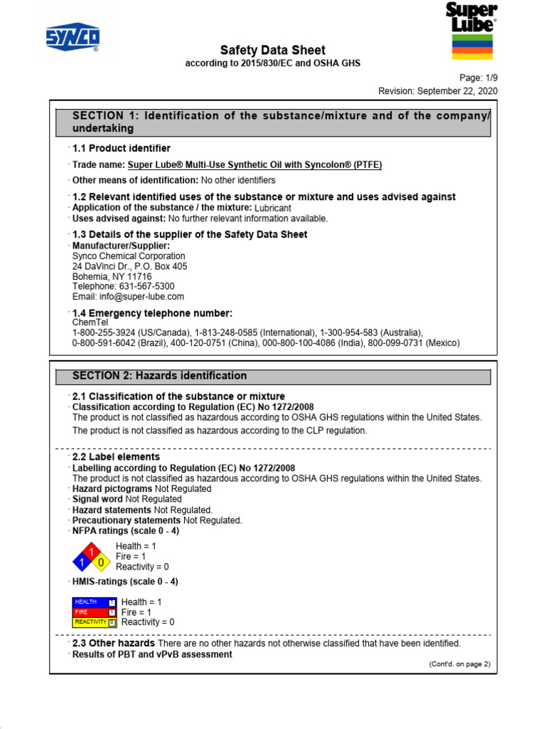 Super Lube® Synthetic Oil Safety Data Sheet | PDF | Occupational Safety ...