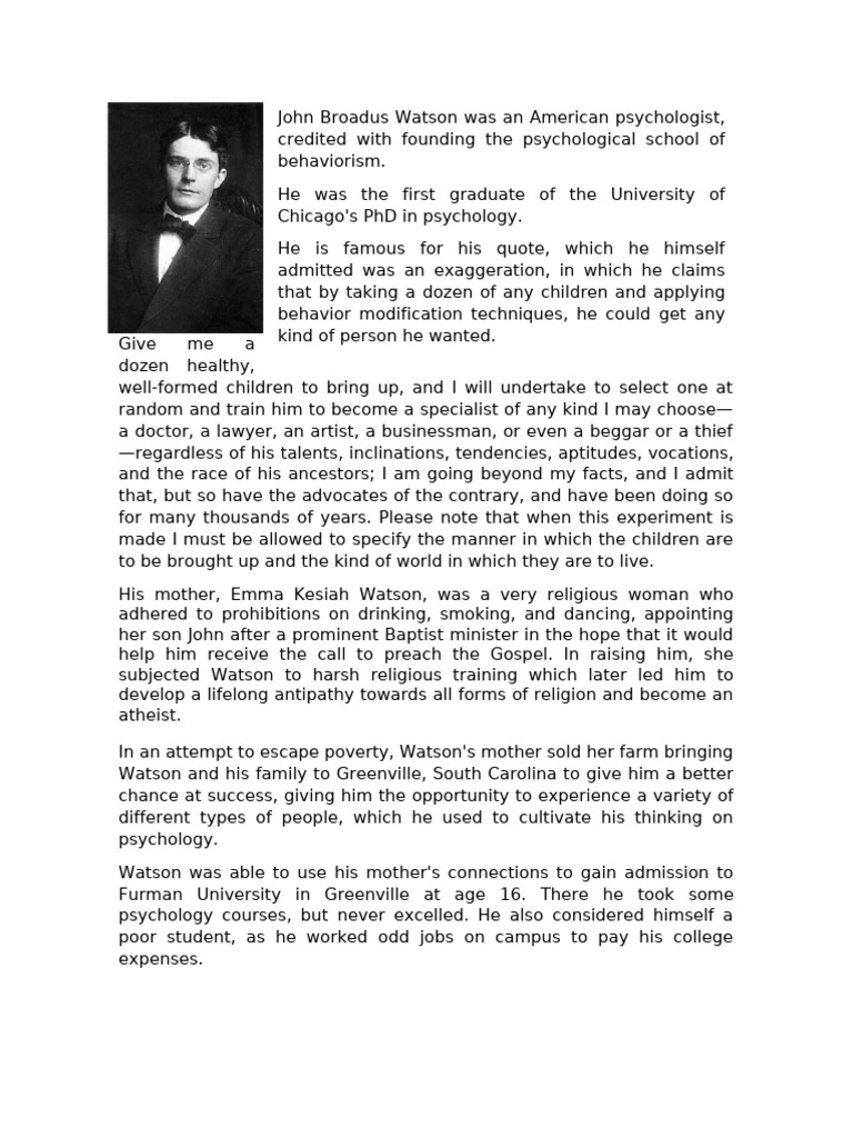 John B. Watson: Founder of Behaviorism | PDF