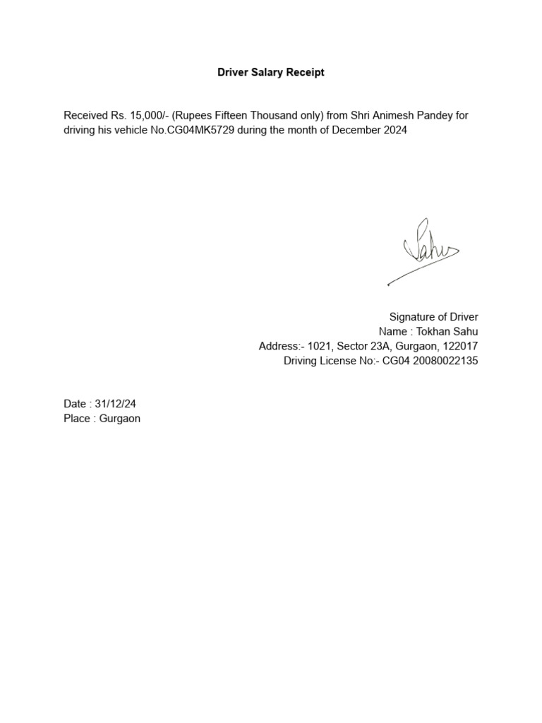 Driver Salary Receipt-Dec24- | PDF
