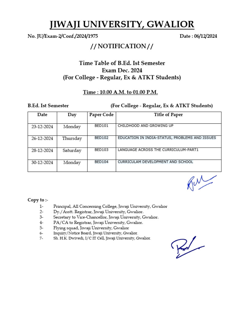 Jiwaji University B.Ed. 1st Sem Timetable | PDF