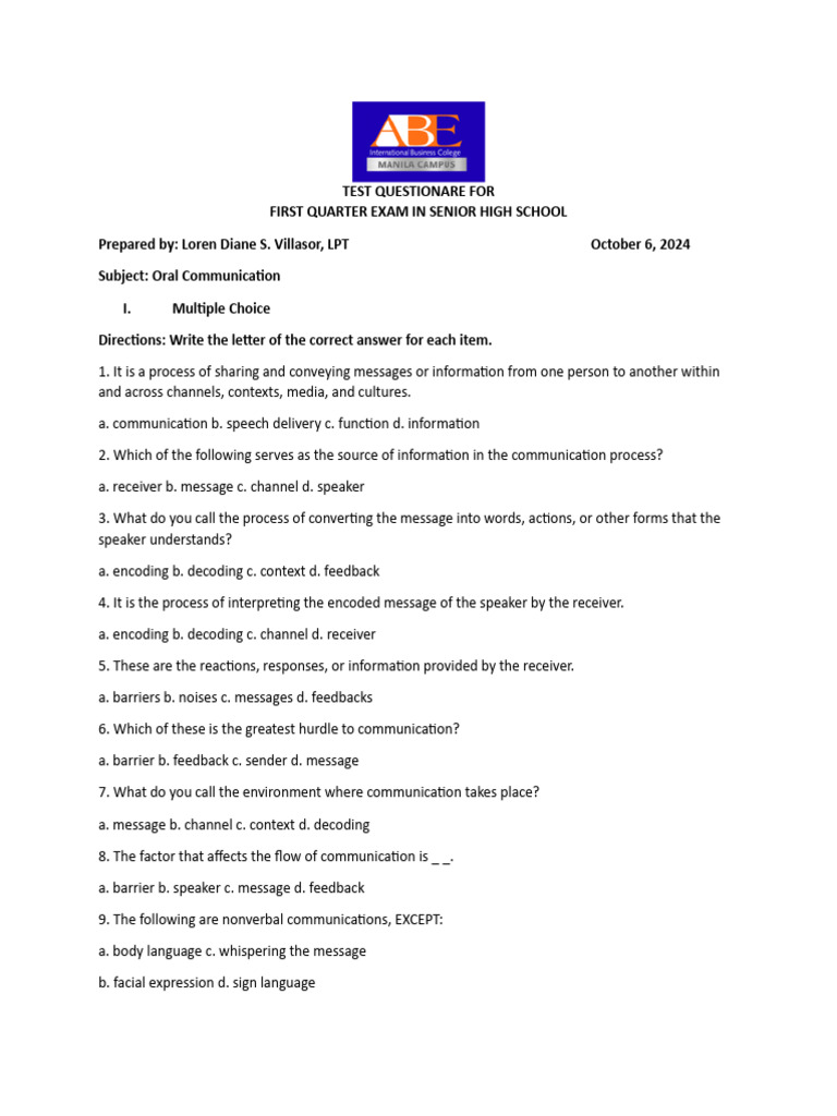 Senior High School Oral Communication Exam | PDF | Communication ...