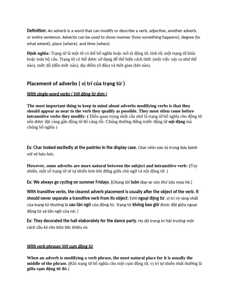 Placement of adverbs (vị trí của trạng từ) | PDF
