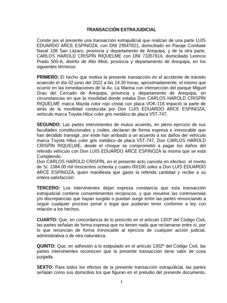 Transacción Extrajudicial Accidente de Transito | PDF