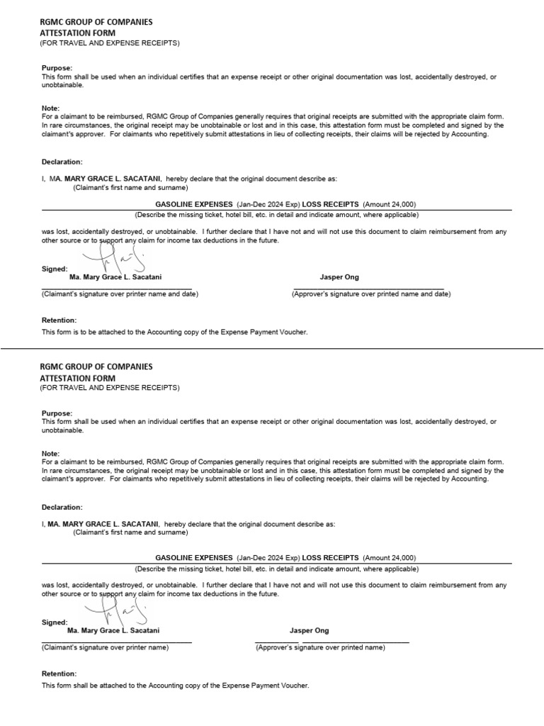RGMC Expense Receipt Attestation Form | PDF | Receipt | Expense
