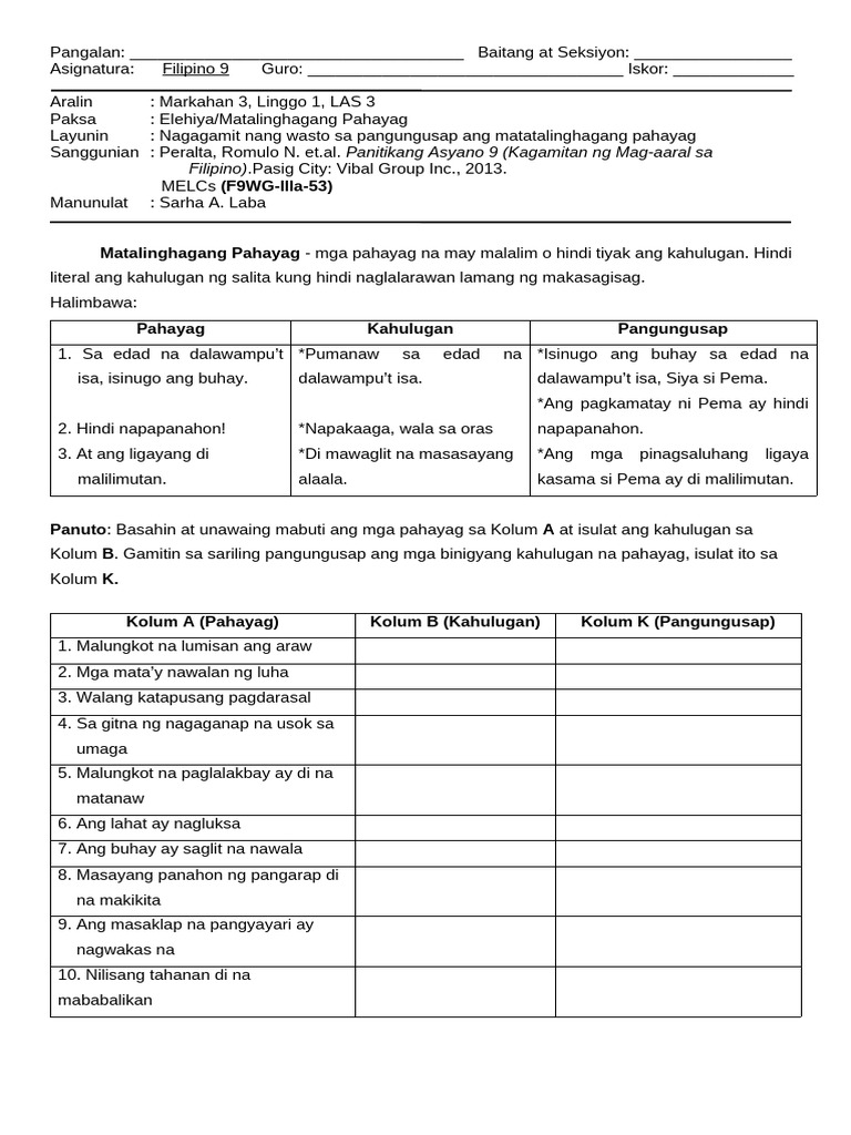 Panitikang Asyano 9 (Kagamitan NG Mag-Aaral Sa Filipino) : (F9WG-llla ...