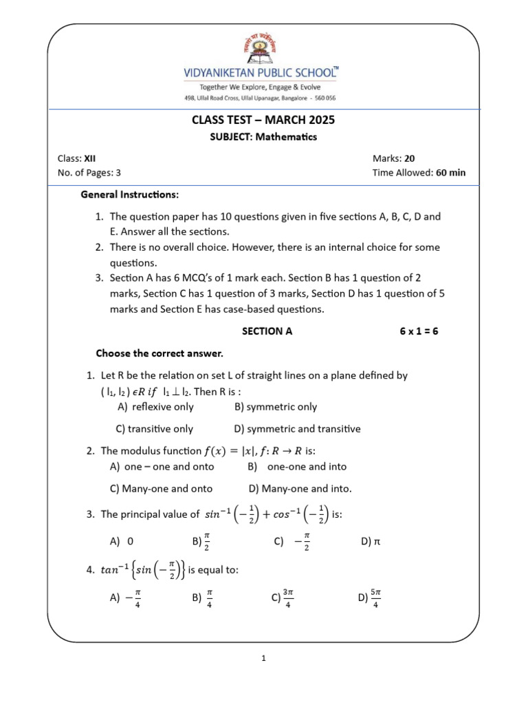 Class XII Mathematics Test March 2025 | PDF