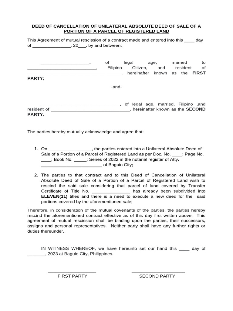 MUTUAL RESCISSION OF SALE-scribed | PDF | Deed | Private Law